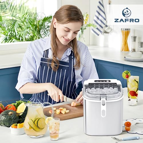 ZAFRO Ice Maker Countertop, Portable Ice Machine with Carry Handle, Self-Cleaning Ice Makers with Basket and Scoop, 9 Cubes in 6 Mins, 26 lbs per Day, Suitable for Kitchen, Camping, Party (White)