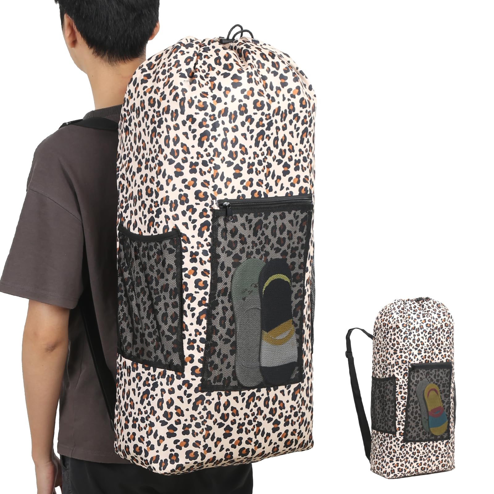 VOOWO College Laundry Bag, Large Laundry Backpack, College Dorm Room Essentials For Guys Girls, Dorm Laundry Bag Backpack With Shoulder Straps, Dirty Clothes Travel Laundry Bag (White Print)
