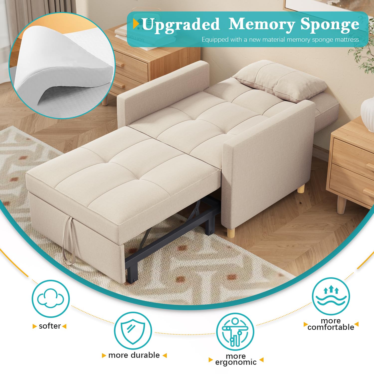 YODOLLA Sleeper Chair, 3 in 1 Chair Bed Sleeper for Adults, Fold Out Sofa Cama with Pillow and Convertible Backrest, Multi-Functional Couch Loveseat Reading Chair for Small Space, Beige