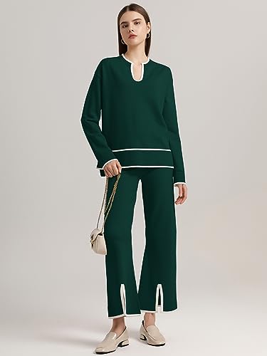 SuperPrity 2 Piece Sweater Sets for Women Winter Wide Leg Pants Knit Outfits Set Comfy Long Sleeve Lounge Wear Sweatsuit Set-L,Dark Green