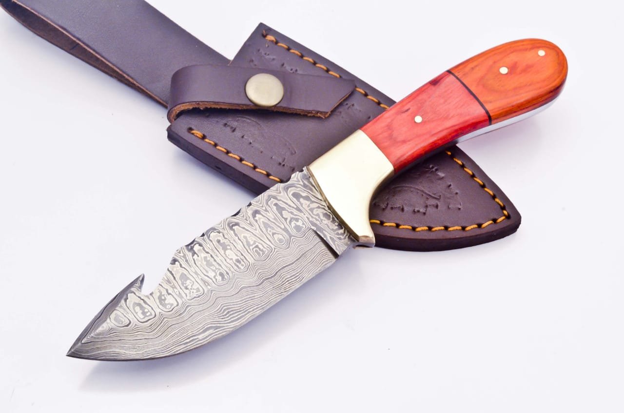 knifehills RARE CUSTOM DAMASCUS GUT HOOK HUNTING SKINNING KNIFE | HARD WOOD HANDLE (H-610)