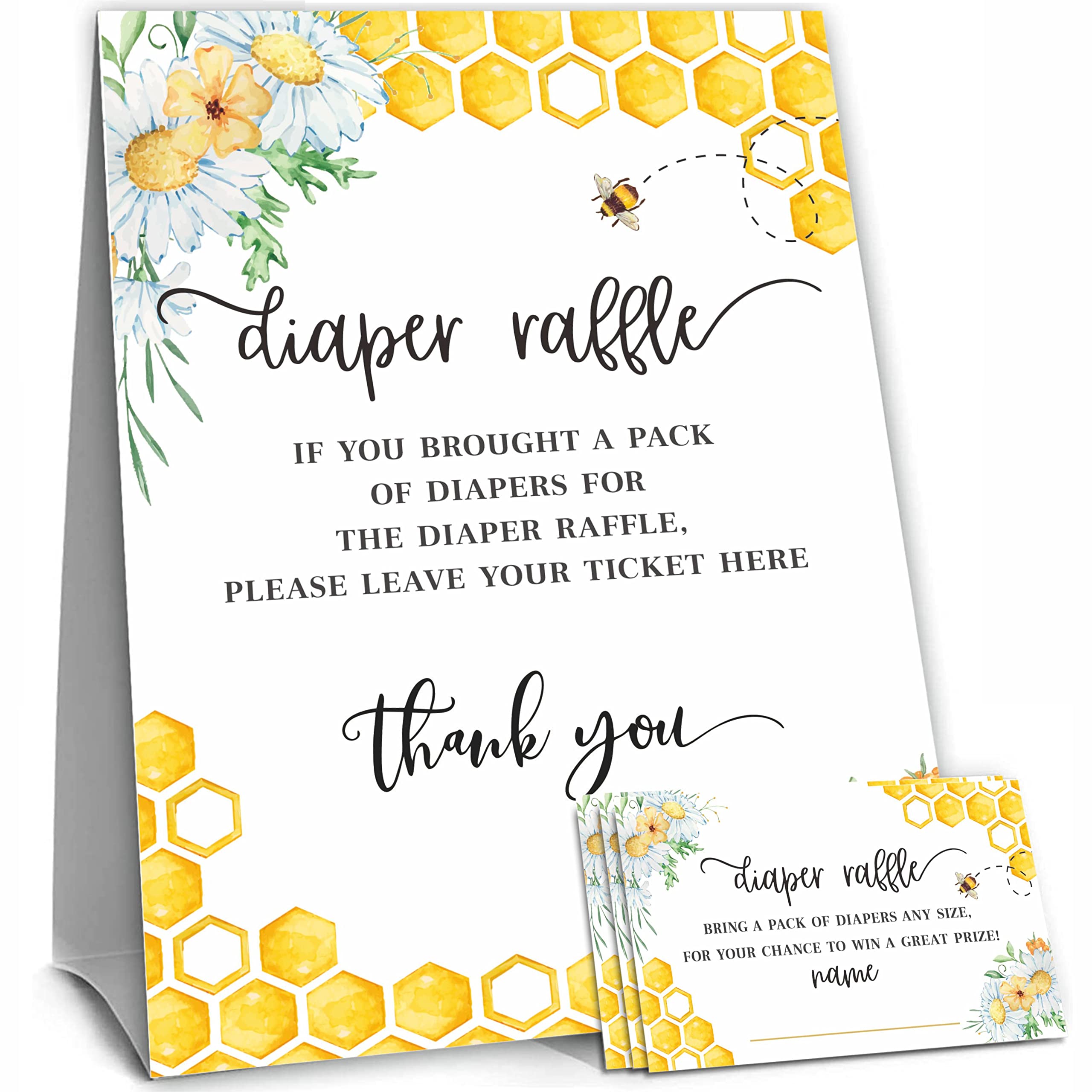 Sweet As Can Bee Baby Shower Game Cards, 50 Diaper Raffle Tickets and 1 Self-standing Diaper Raffer Sign-(LBLK-001)