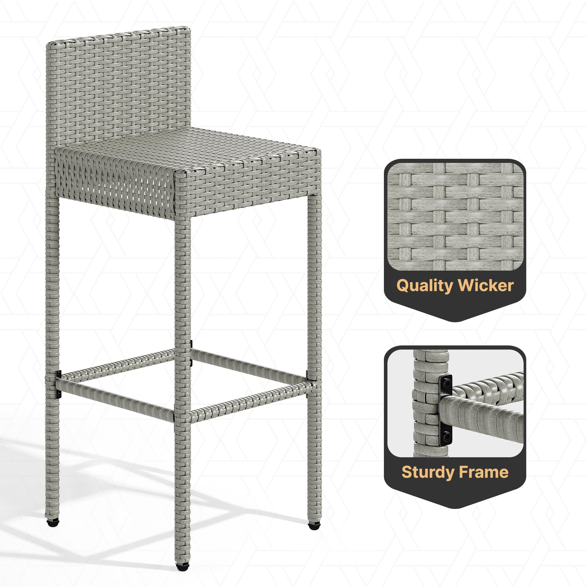 YITAHOME 5-Piece Outdoor Wicker Bar Set with Built-in Bottle Opener, Storage Shelf & Metal Tabletop, 4 Stools with Backrest for Patios, Backyards, Gardens, Poolside, Porches, Gray