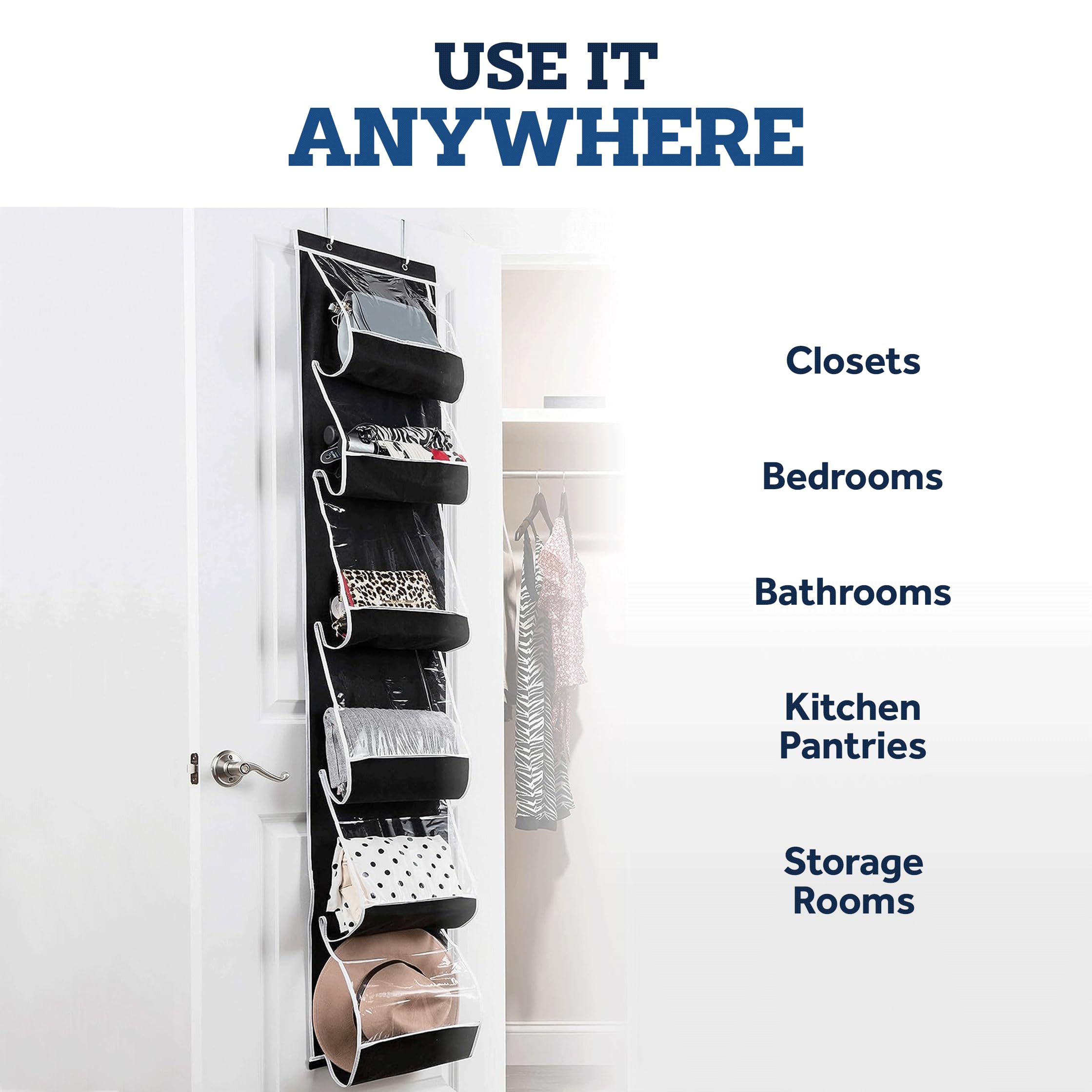 ZOBER Purse Organizer For Closet - Over The Door Purse Organizer W/ 6 Pockets for Easy Purse Storage - Durable Metal Hooks - Purse Rack W/Clear Pockets - Black (2 Pack)