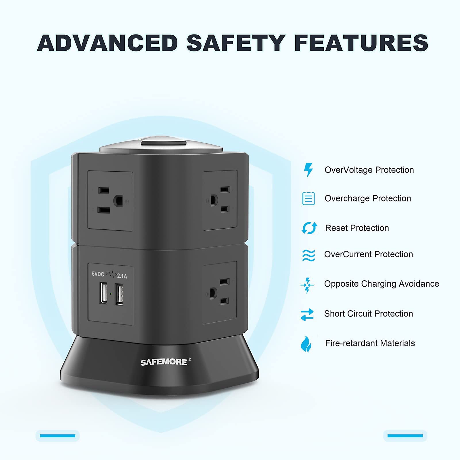 Power Strip Tower Surge Protector,7 AC Outlets with 2 USB Ports,6.5 Ft Extension Cord, Desk Power Outlet for Home Office(Black)