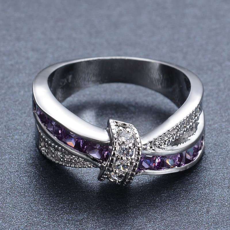 NP Silver Rings Personalized Engraved Cross-Finger Birthstone Ring Sterling Silver 925 Promise Ring for Her Wedding Band Ring Engagement Ring(Purple,8)