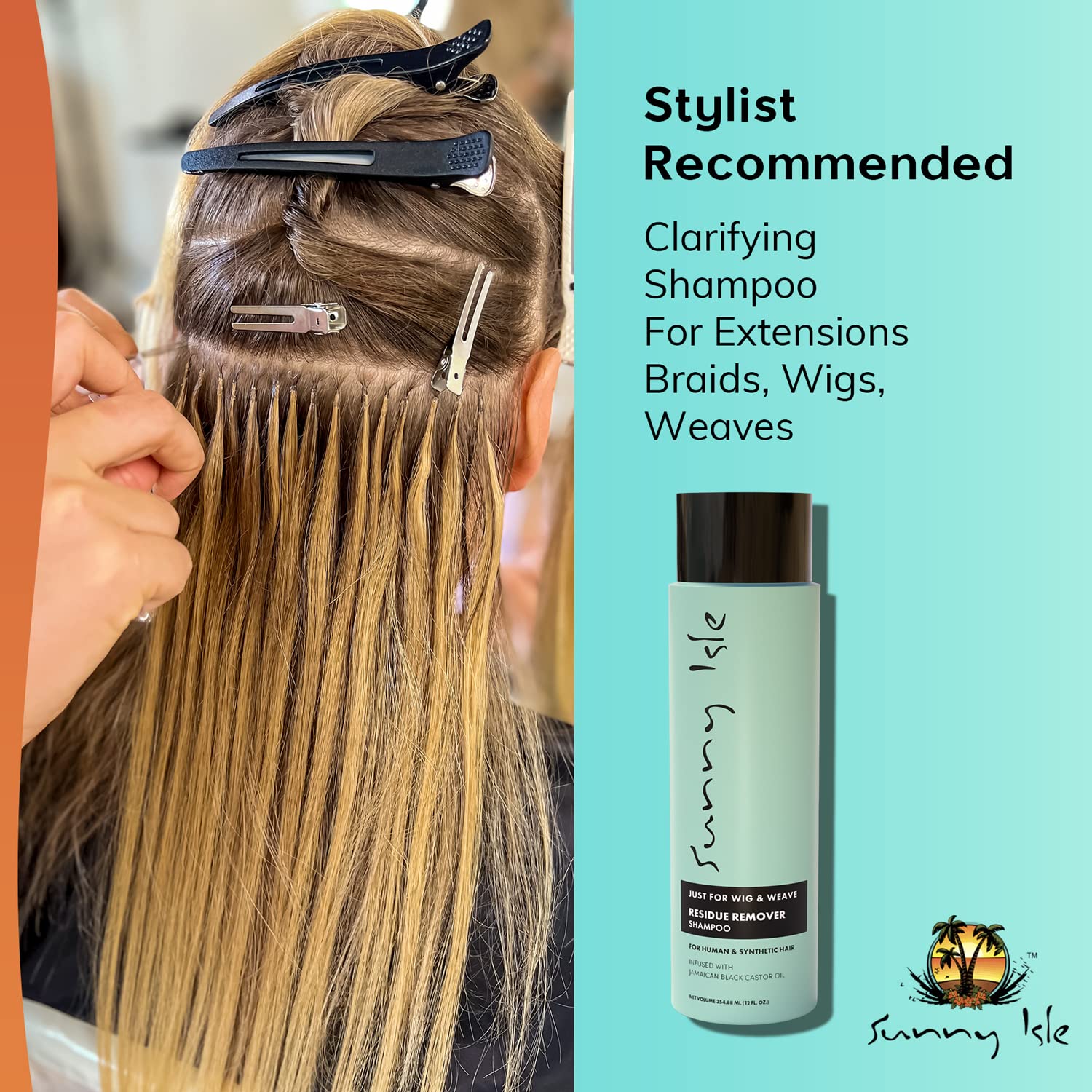 Sunny Isle Just for Wig, Weave, Braid, & Extensions Residue Remover Shampoo 12oz | For Synthetic & Natural Hair | Aloe Vera, Tea Tree, Borago Seed & Jamaican Black Castor Oils | Sulfate Free