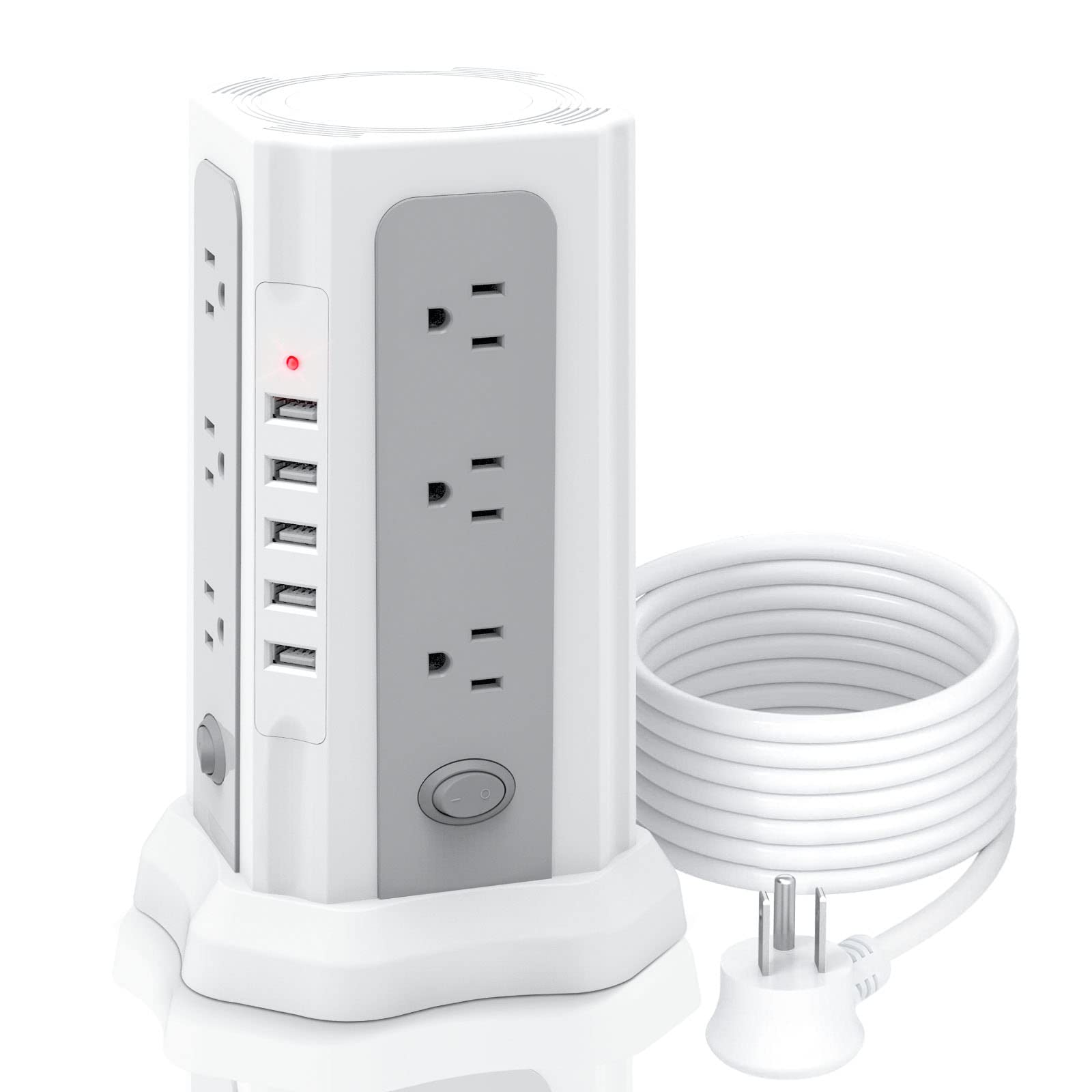 Power Strip Tower Surge Protector with 5 USB Ports, 12 Multiple Outlets, 6.5 FT Flat Plug Extension Cord, 13A 1050J Overload Protection, Desktop Charging Station for Home Office Dorm Room