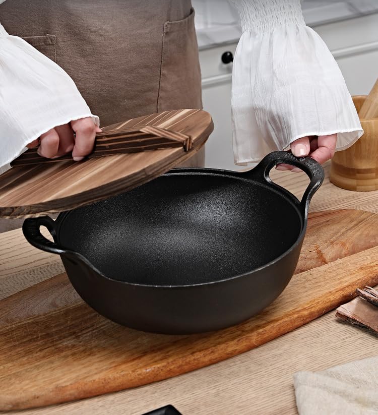 VONOTO Cast Iron Wok with Handles, Cast Iron Grilling Wok, Cast Iron Wok (8" inch)