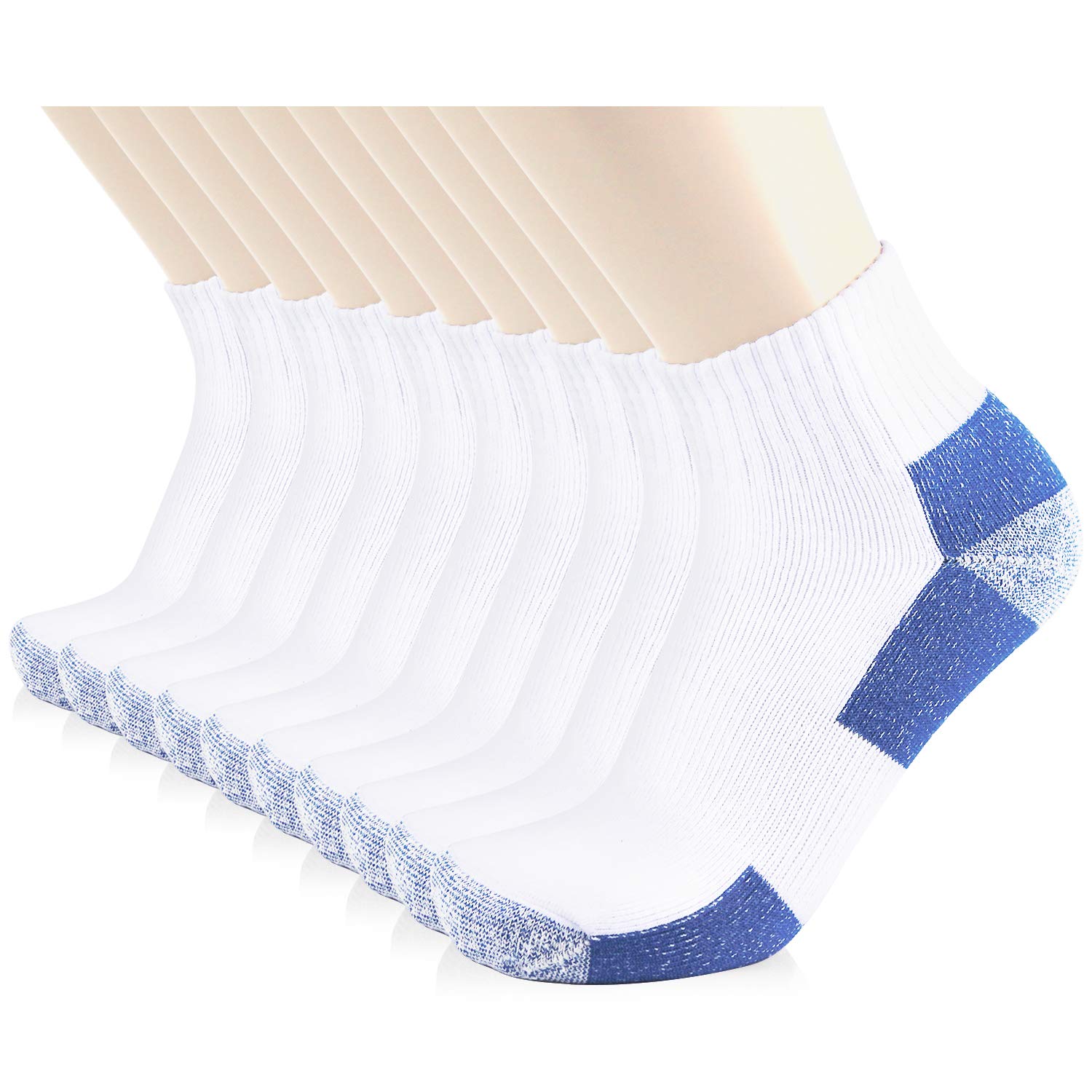 JOURNOW 10 Pairs Men's Cotton Extra Heavy Cushion Low Cut Socks (10-13, White+Blue, numeric_10)