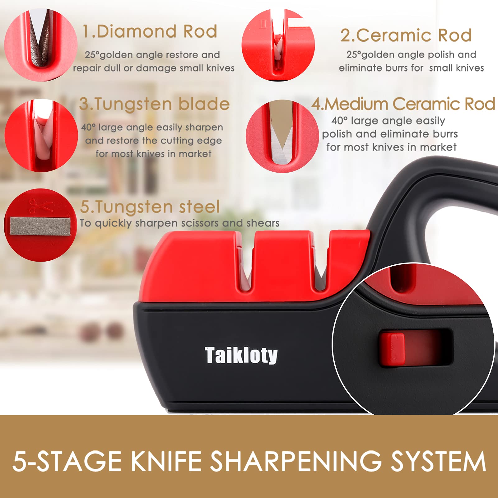 Kitchen Knife and Scissors Sharpener - Taikloty 2021 New 5-in-1 Multifunctional Knife Sharpening System - Safely Sharpen Knives with Diamond, Ceramic,Tungsten for Knife and Scissor