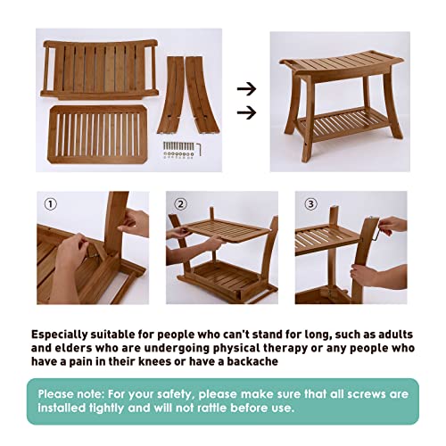 VVW Bamboo Shower Bench & Stool with Storage Shelf, Bath Benches for Inside Shower, Bathroom Stools 2-Tier Spa Seat for Adults Elderly (Walnut)