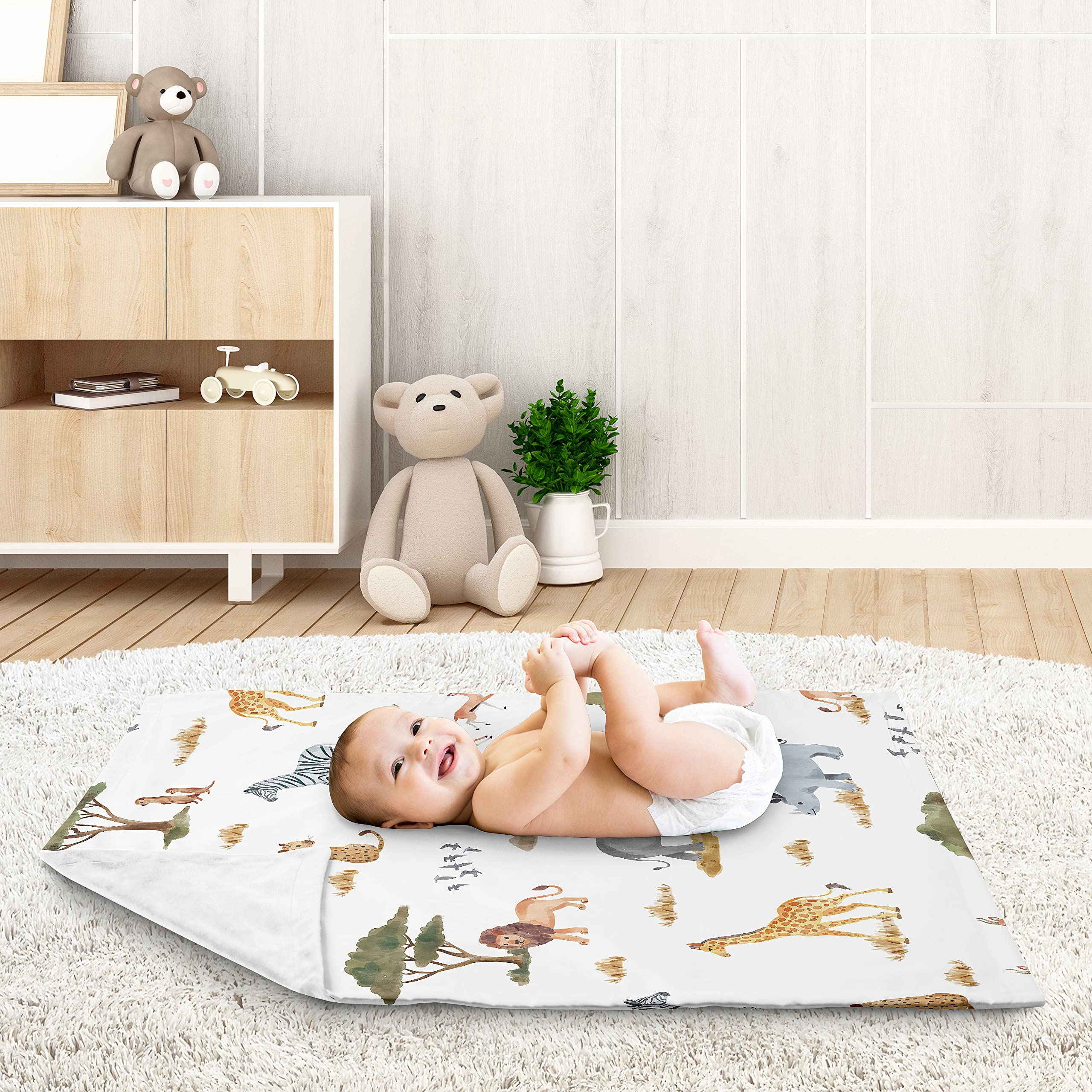Sweet Jojo Designs Jungle Animals Blanket Receiving Security Swaddle Newborn Toddler Nursery Soft Minky Hunter Green Yellow Grey Black White Wildlife Safari Animal Elephant Giraffe Lion Monkey Leopard