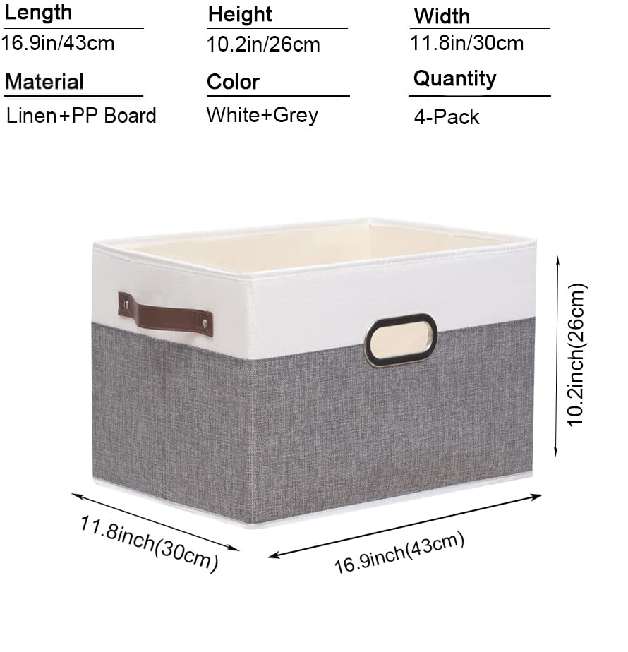 Yawinhe Collapsible Storage Bins, 16.9 x 11.8 x 10.2 Inch, Cube Storage Bins, Fabric Foldable Storage Bins Organizer Containers with Dual Leather Handles for Home Closet Office (White/Grey, 4-Pack)
