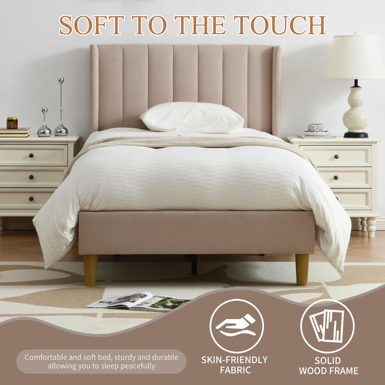 YUHUASHI Twin Size Bed Frame, Upholstered Bed Frame with Modern Geometric Wingback Headboard, Velour Fabric, Platform Bed Frame with Wooden Slats, Easy to Assemble and Noiseless (White, Twin)