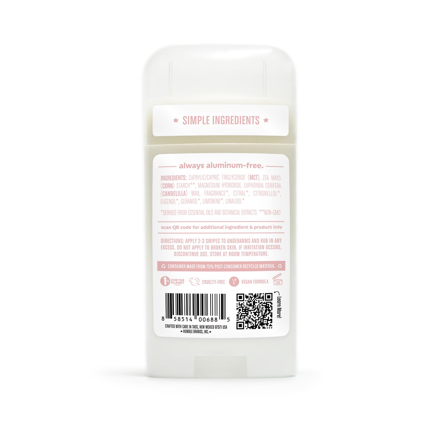 HUMBLE BRANDS Aluminum-Free Deodorant, Vegan and Cruelty- free, Formulated for Sensitive Skin, Moroccan Rose, 2.5 Ounce (Pack of 1)