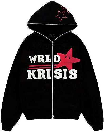 ZFOFLIK Star Hoodie Y2k Zip Up Hoodie Men Star Sweater Women Oversized Sweatshirt Harajuku Punk Streetwear Hoodie-L Black