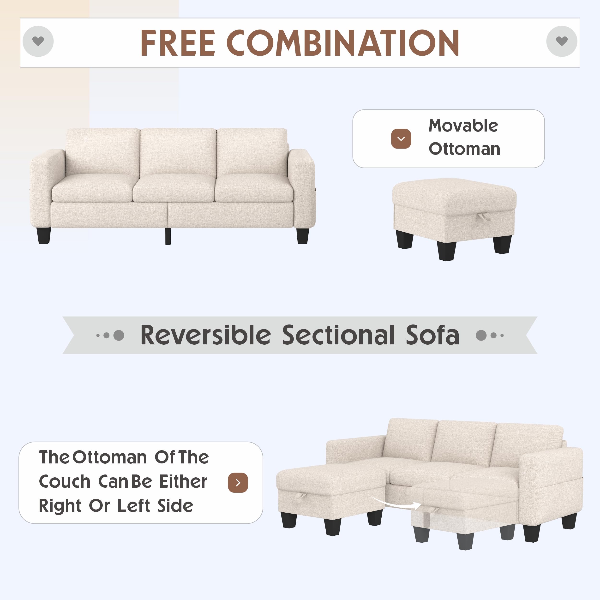 ZeeFu Convertible Sectional Sofa Couch: 3 Seat Black Velvet L-Shaped Sectional Sofa Couches with Storage Ottoman-Modern Classic Upholstered Sofa Couch Set for Living Room Office Apartment Small Space