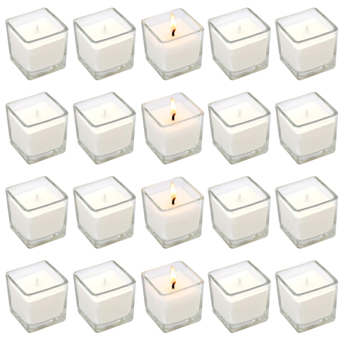 Kingyo 20 Pack White Unscented Votive Candles in Clear Square Glass Jar - 10 Hour Burn Time - Perfect for Wedding Receptions, Christmas, Party Favors & More