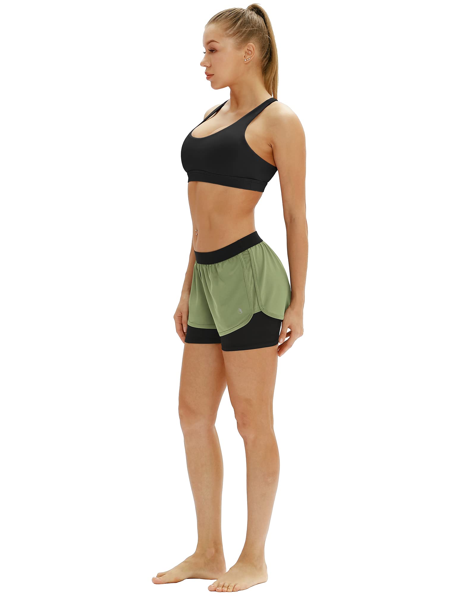 icyzone Running Yoga Shorts for Women - Activewear Workout Exercise Athletic Jogging Shorts 2-in-1 (M, Olive)