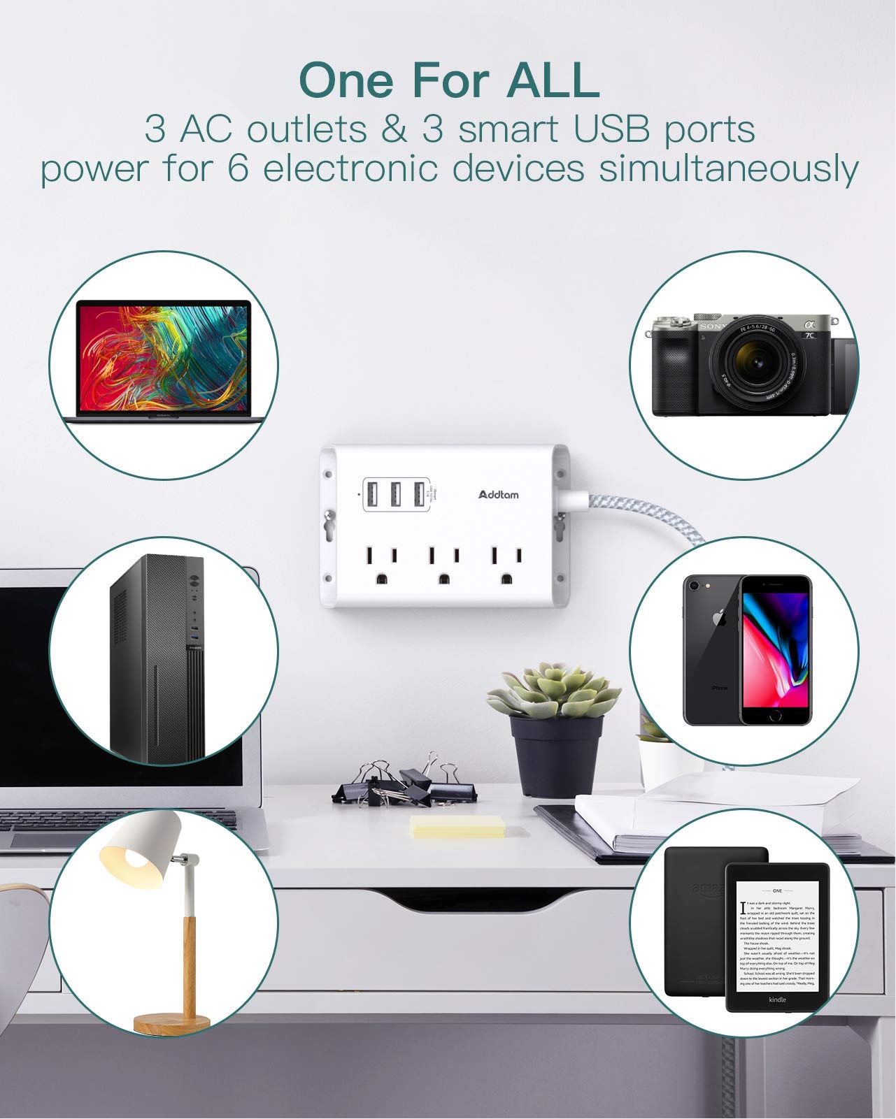 Power Strip with USB, Addtam ETL Certificate Flat Plug Extension Cord with 3 USB Ports, 3 Widely Spaced Outlets, 5 Feet Braided Cord, Desktop Small Travel Power Strip, White+ Black