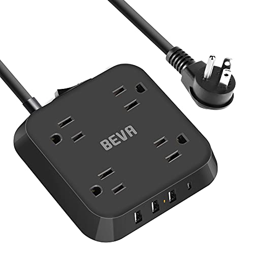 Power Strip with USB C, 4 Widely Spaced Outlets and 4 USB Ports 5 FT Extension Cord, BEVA Surge Protector Power Strip Mountable USB Power Strip 1250W/10A for College Essentials Dorm Room Essentials