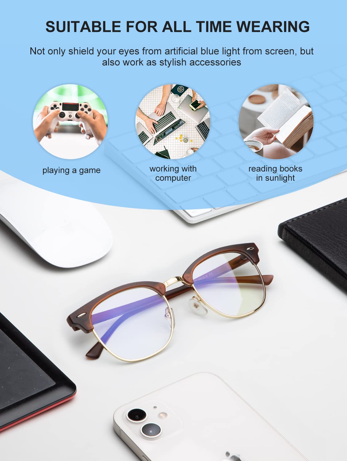 NSSIW Blue Light Blocking Glasses, Semi Rimless, Unisex, Matte Black/Silvery Rim + Clear/Silvery Rim, Computer & Gaming Glasses with UV Protection, Relieve Eye Strain