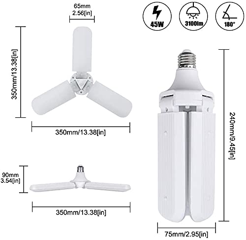 LED Garage Lights 45W 4500LM Deformable Led Garage Ceiling Lighting 3 Fan Blade E27/E26 LED Bulb Adjustable LED Corn Shop Lights for Warehouse,Garage,Workshop,Barn,Full Area,Basement (1 Set)