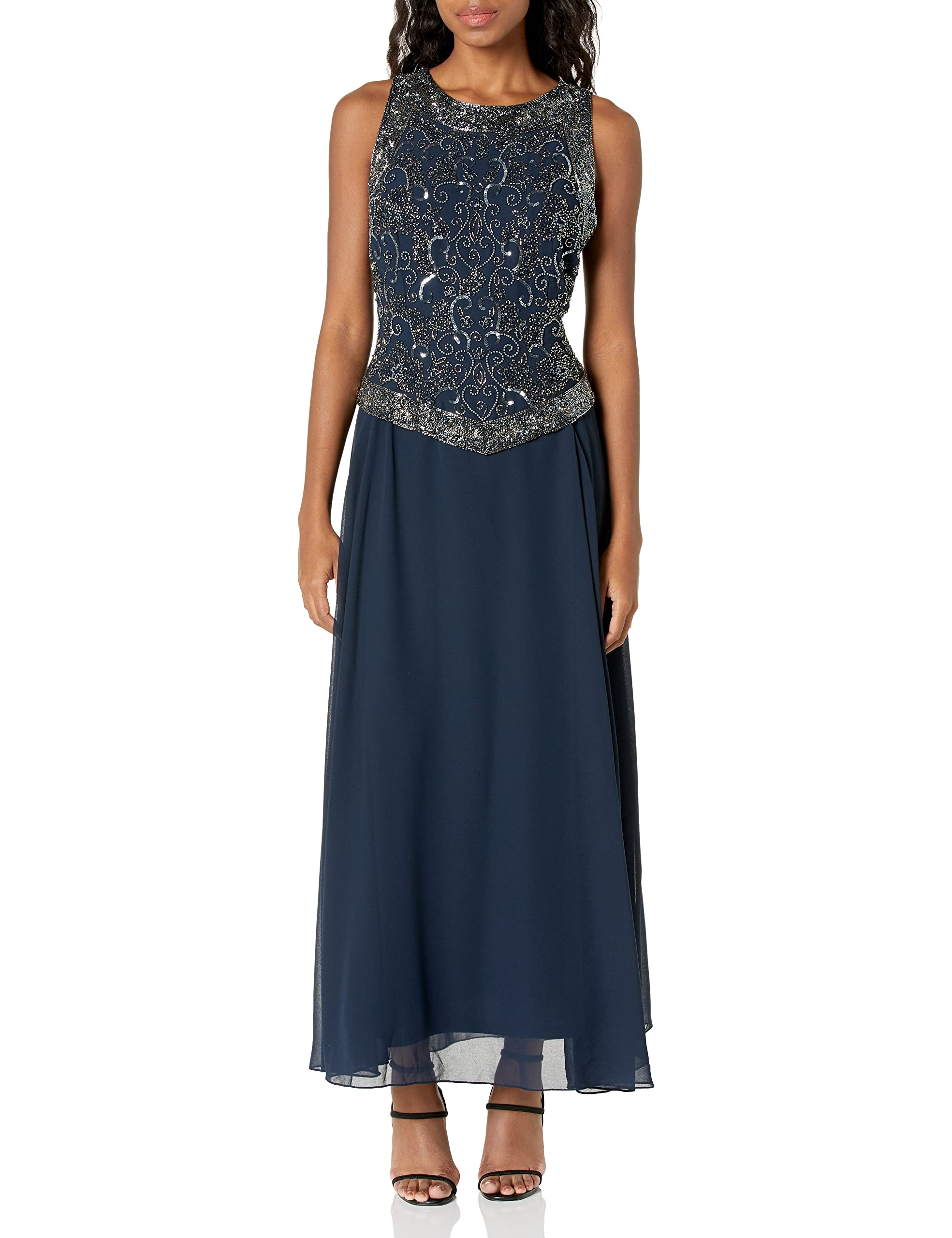 J Kara Women's Long Beaded V Trim Detail Dress with Scarf, Navy/Mercury/Gun, 6