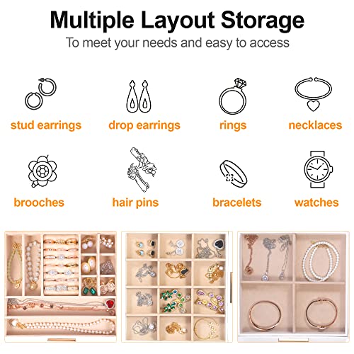 Zglori Jewelry Box, 3 Layers Jewelry Organizer with Glass Lid, 2 Drawers Jewelry Storage Case Holder for Women, Girls