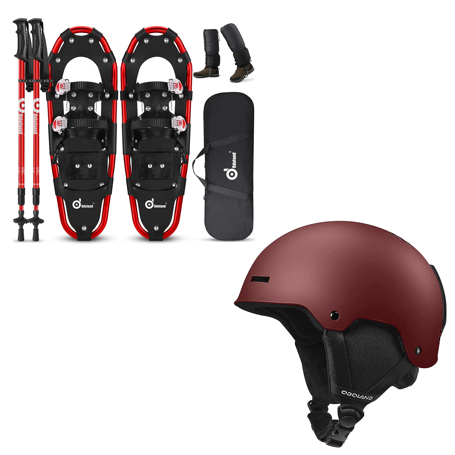 Odoland Bundle - 2 Items 4-in-1 Snowshoes with Trekking Poles, Red, S and Snowboard Helmet