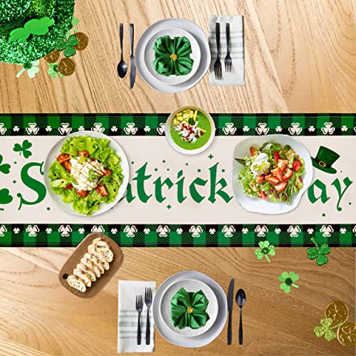 St Patricks Day Table Runner Lucky Clover Shamrocks Table Runners 72 Inches Long, Buffalo Plaid Gnome Burlap Holiday Kitchen Dining Table Decor for Home Party (Gnome Table Runner, 13" x 72")