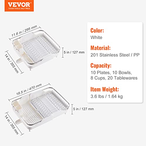 VEVOR Dish Drying Rack, Expandable (11.6"-18.5") Stainless Steel Dish Drainer with Drainboard, Large Capacity Storage Space Saver, Single Tier Cup and Utensil Holder for Kitchen Counter Over The Sink