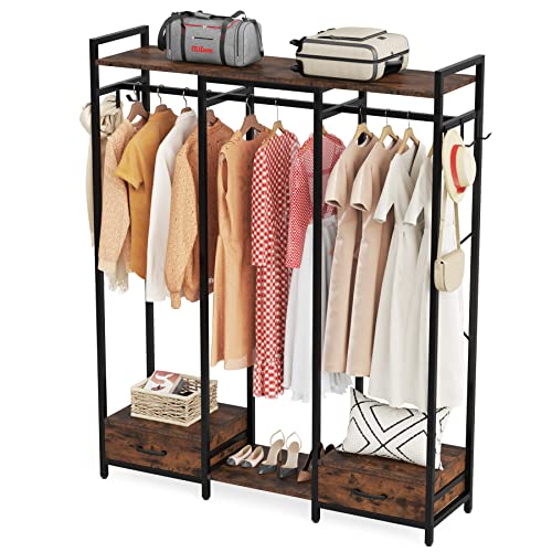 Tribesigns Clothes Rack with 2 Drawers, Freestanding Closet Organizer Garment Rack with Storage Shelves Hanging Rods and Hooks, Large Open Wardrobe Closet Clothing Rack for Bedroom