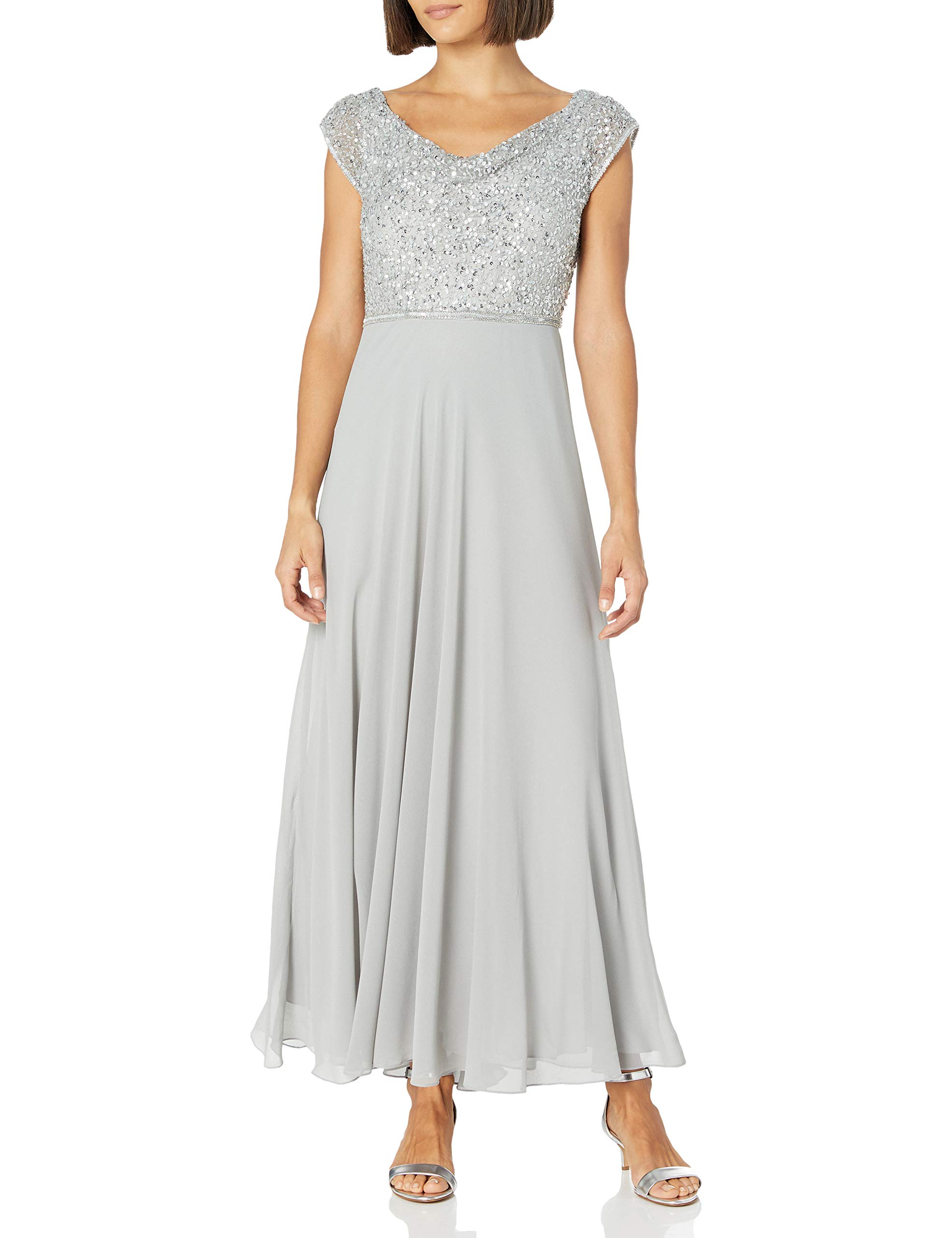 J Kara Women's Plus Size Beaded Empire Waist Gown, Silver, 16W