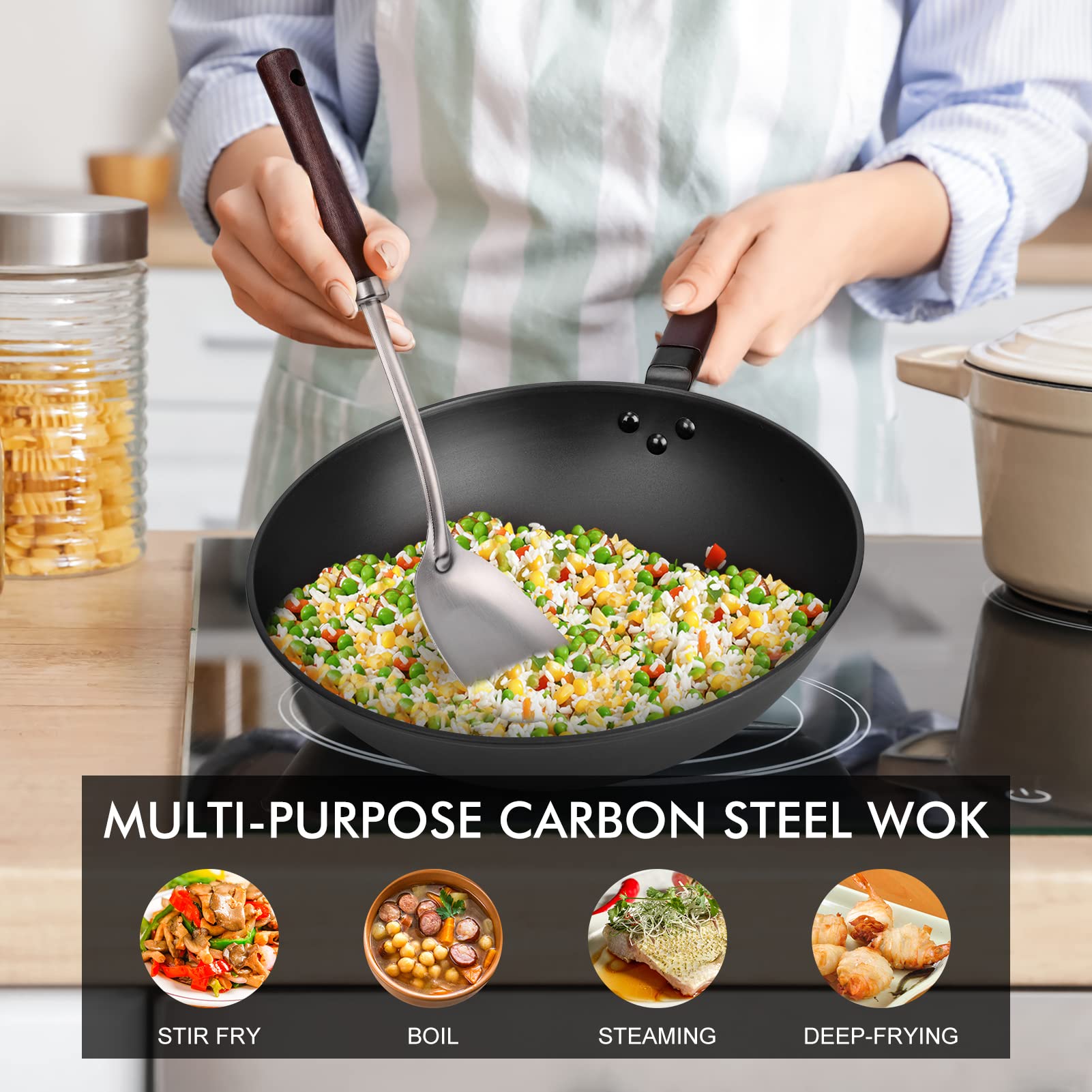 teewe 13.4” Chinese Wok Round Bottom Wok & 12.9” Wok Pan with Lid, Woks & Stir-fry Pans with 12 Cookware Accessories Bundle Deal