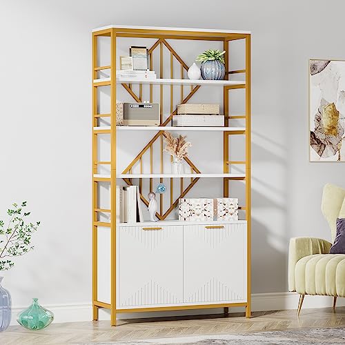 Tribesigns Modern Bookshelves and Bookcases with Doors 11.8in Depth Floor Standing 5 Shelf Display Storage Shelves Bookcase Home Decor Furniture for Home, Office, Living Room, Bedroom