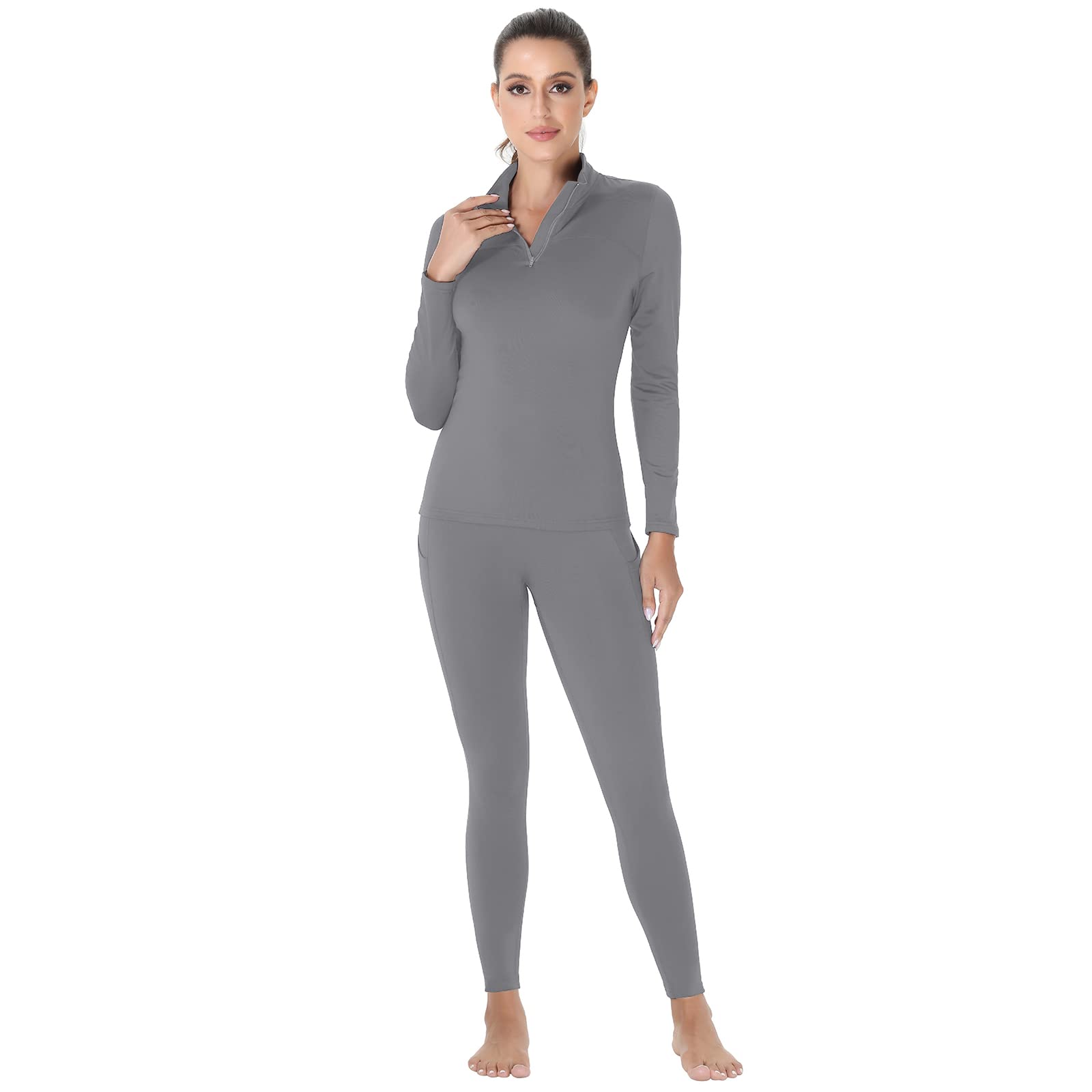Odoland Thermal Underwear for Women, Winter Warm Skiing Base Layer Set Mock Turtleneck Sport Top & Bottom Light Grey