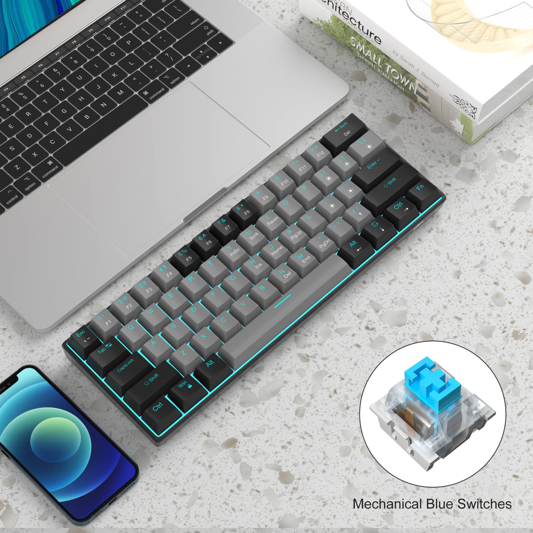 MageGee Mini 60% Mechanical Keyboard, Blue Backlit Gaming Keyboard, 61 Key Ultra-Compact Small Wired Keyboard with Blue Switch, Portable Office Computer Keyboard for for PC Gamer(Black&Gray)………