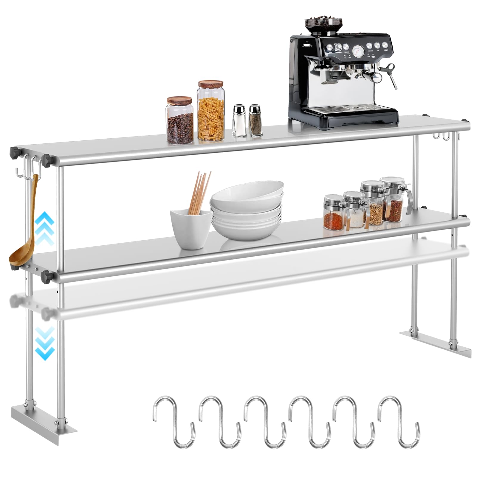 Vlaeng 60" x 12" Stainless Steel Double Overshelf, Double Overshelf with 6 Hooks, Adjustable Commercial Double Shelf for 60" Prep Work Table in Restaurant, Home, Kitchen and Workshop