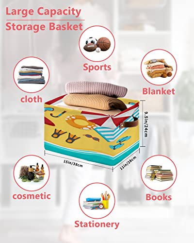 Storage Bins,Ocean Summer Beach Ball Surfboard Swim Ring Storage Basket with Handles,Waterproof Collapsible Storage Bin,Cartoon Marine Diving Flip-Flops Storage Organizer Shelves Closet Living Room