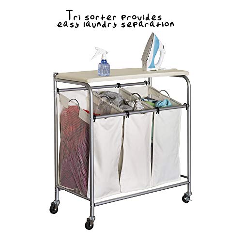 Triple Laundry Sorter with Ironing Board, 3-bin, Locking wheels, Natural