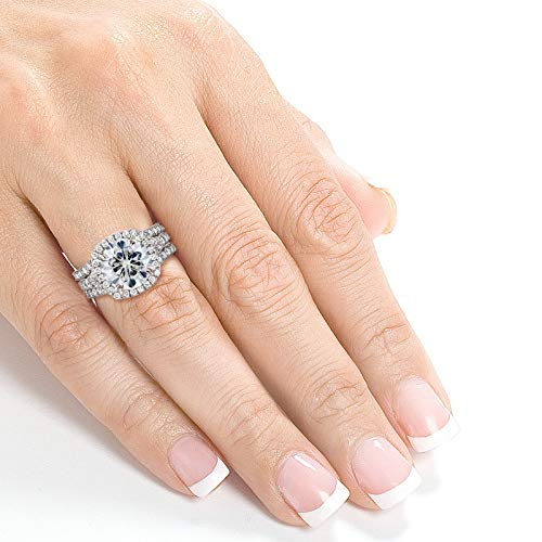 Kobelli Round G-H Moissanite Cushion Halo Bridal Wedding Set 4 1/3 CTW 14k White Gold 3 Piece Set, 9