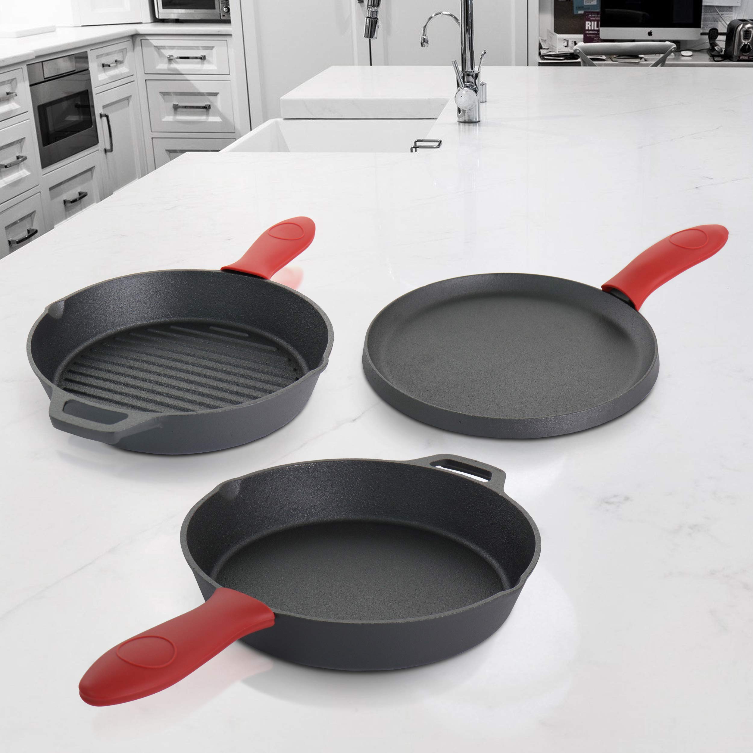 MegaChef Skillet, Pan, and Griddle Pre-Seasoned Cast Iron Cookware Set, 6 Piece, Black, Red