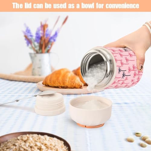 JUNZAN Palm Pink Black Kids Womens Insulated Food Jar Container with Spoon 17oz/500ml Keep Warm Food Containers Stainless Steel Vacuum Leakproof Thermo Flask for Keep Warm Food