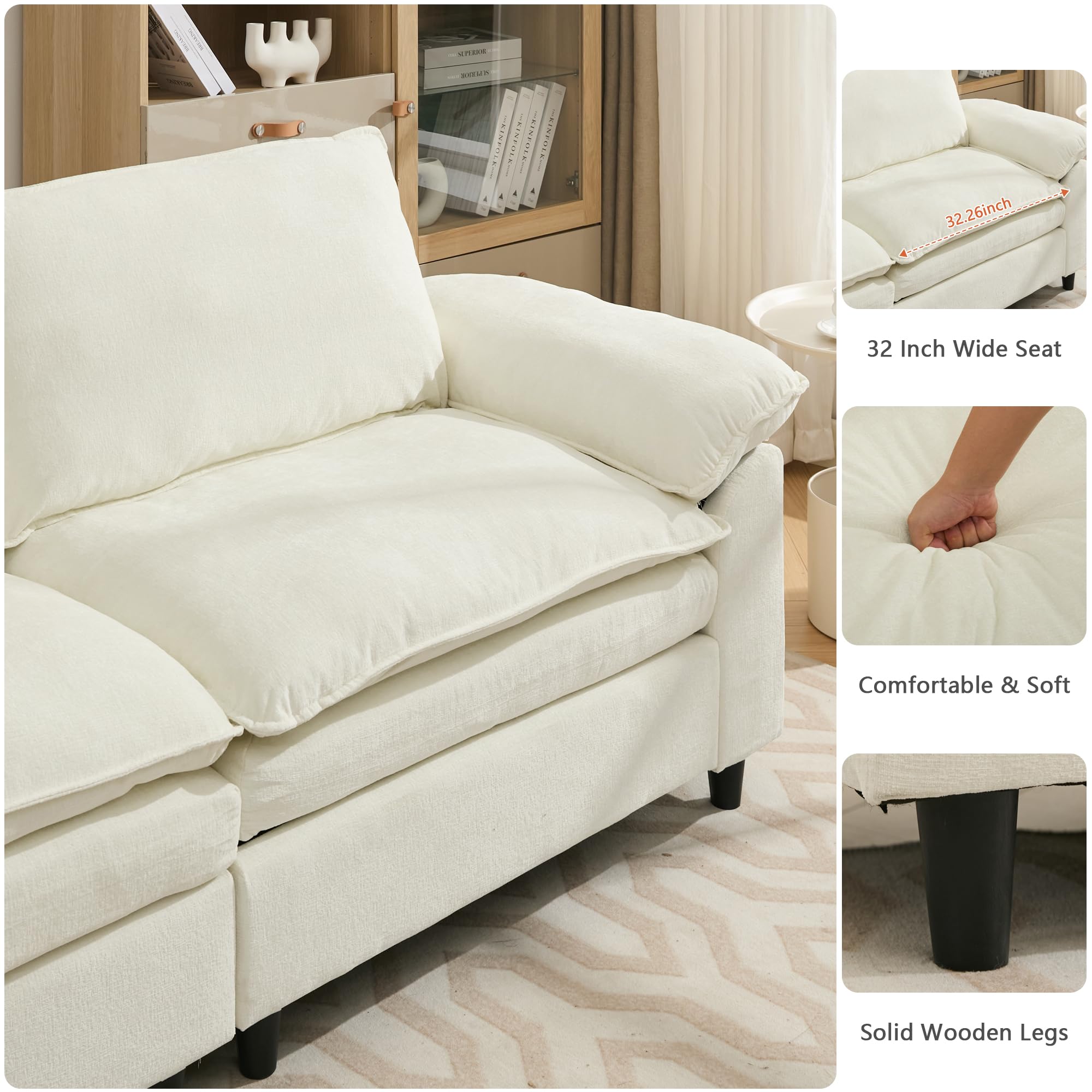 Vliekcy Modular Sectional Sofa, Modern 85 Inch Chenille Loveseat Couch, 2-Seater Comfy Cloud Couches with 2 Movable Ottoman for Living Room Office Apartment, Chenille, Beige