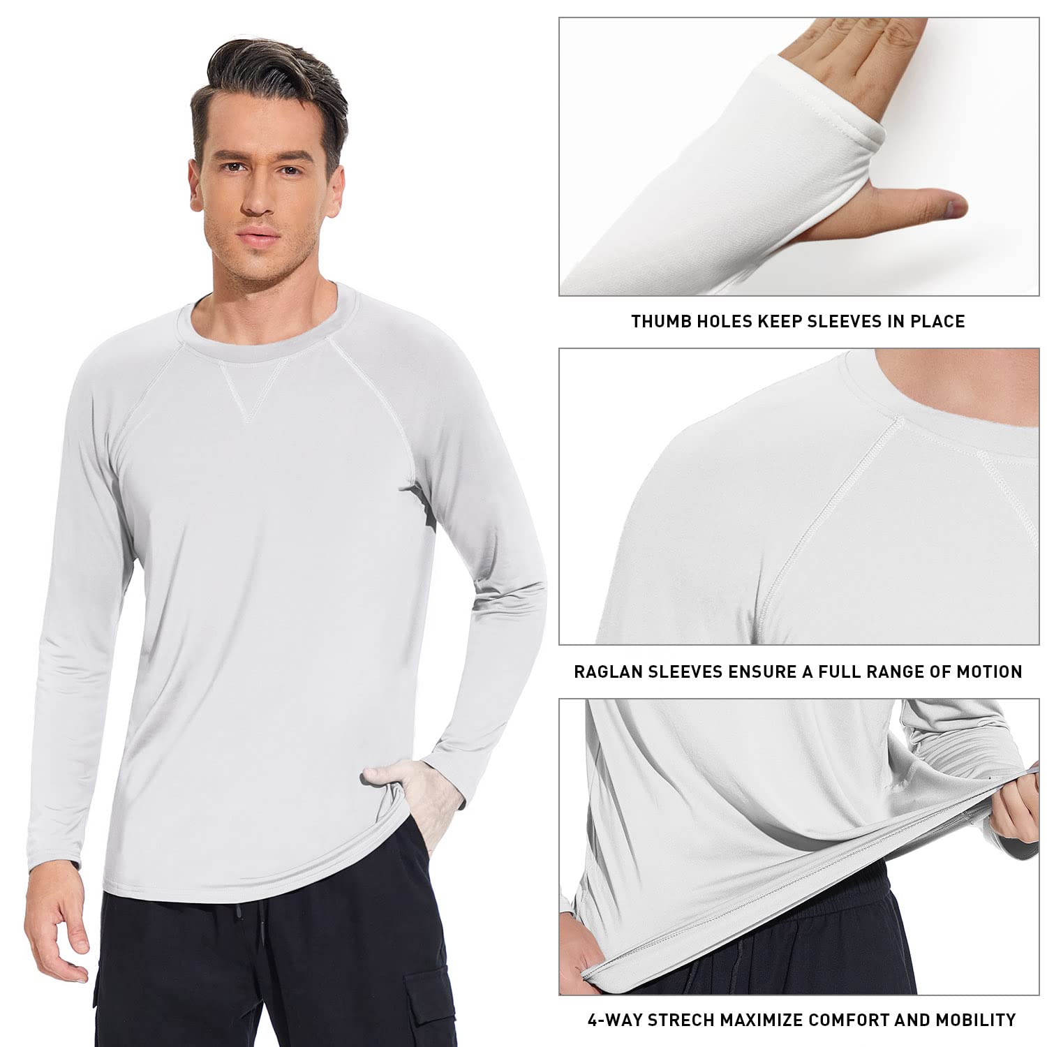 Men's Fleece Thermal Long Sleeve Running Shirt Athletic Base Layer Top with Thumb Holes(White, Medium)
