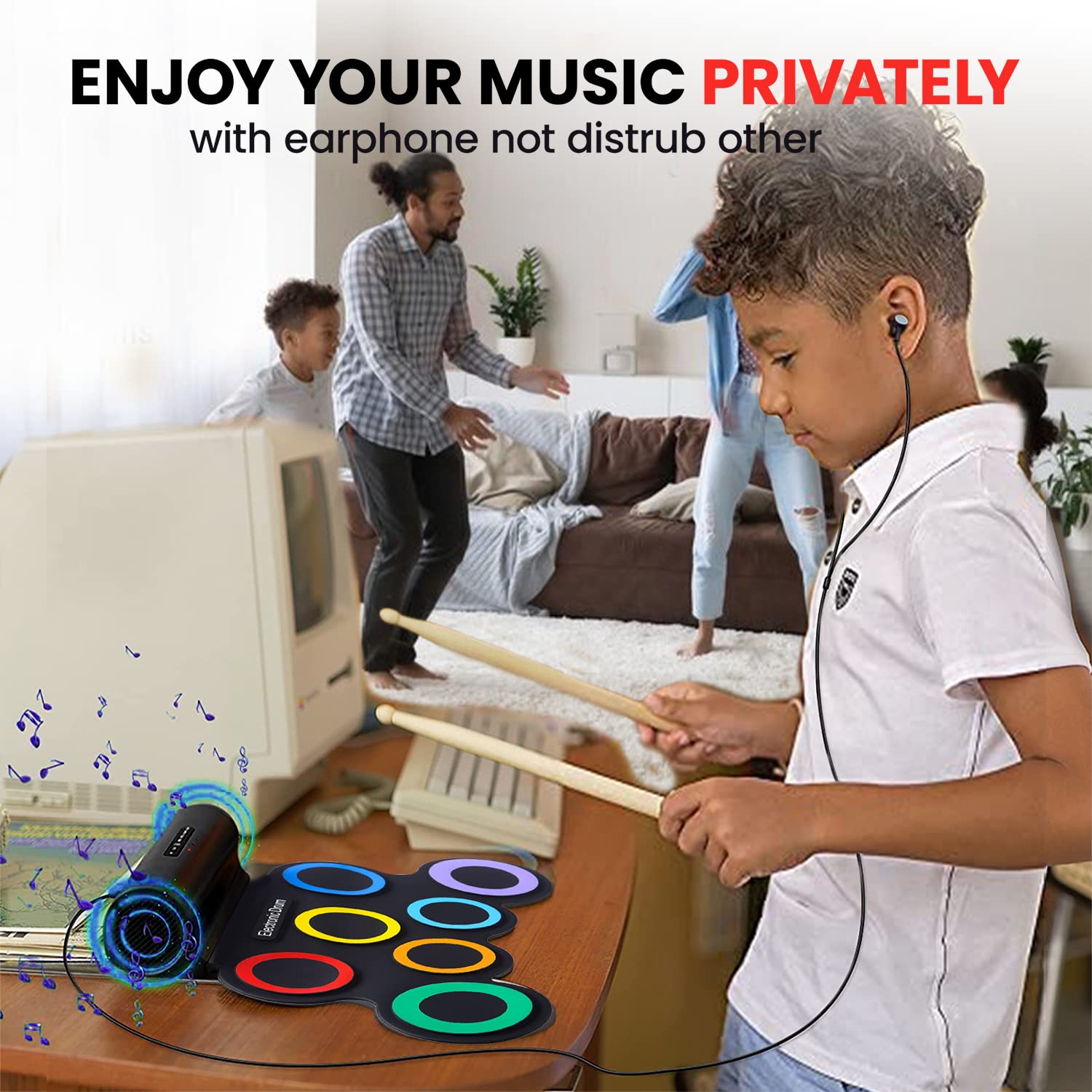 Oirtmiu Electric Drum Set – Rainbow Electronic Drum Set for Kids with Drum Sticks, Pedal, Headphone Jack – MIDI Roll Up Practice Drum Pad for Children and Adults – USB Rechargeable Kid Drum Set