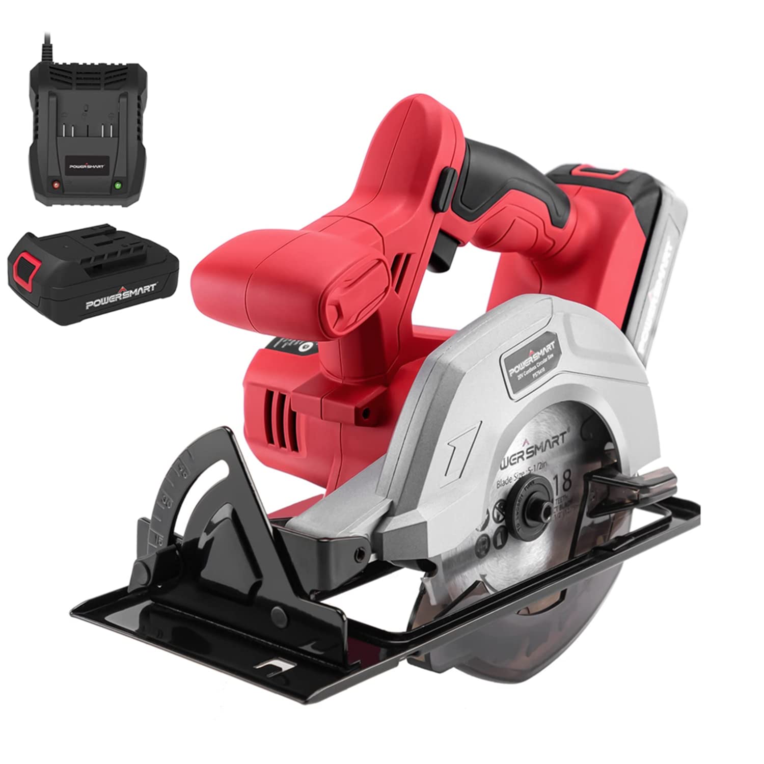 PowerSmart 20V 6-1/2 Inch Cordless Circular Saw with 4.0Ah Battery and Fast Charger, 4300 RPM, Laser & Parallel Guide, 2 Blades