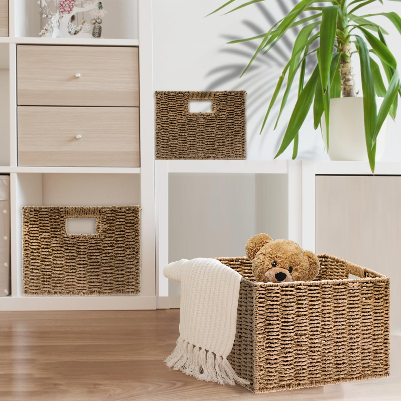 Woven Baskets Set of 3, Home Organizer with Build-in Handles, Storage Baskets for Shelves, Laundry Baskets, Toy Storage, Sustanabile Paper Rope Material